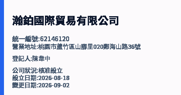 瀚鉑國際貿易有限公司的照片-統編 62146120(桃園市) 公司登記資料與營業項目詳細圖表