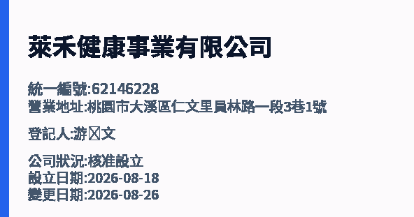 萊禾健康事業有限公司的照片-統編 62146228(桃園市) 公司登記資料與營業項目詳細圖表