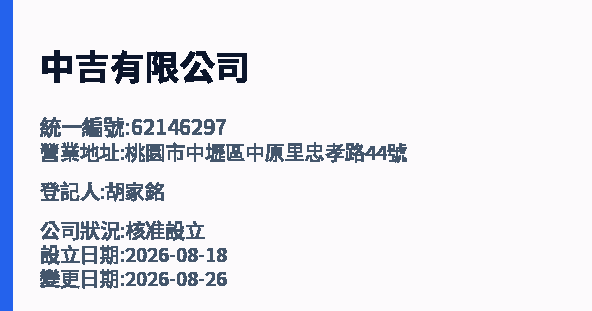中吉有限公司的照片-統編 62146297(桃園市) 公司登記資料與營業項目詳細圖表