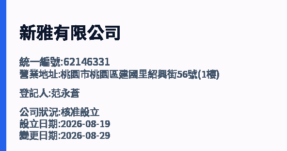 新雅有限公司的照片-統編 62146331(桃園市) 公司登記資料與營業項目詳細圖表