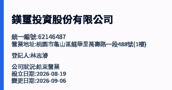 鎂璽投資股份有限公司的照片-統編 62146487(桃園市) 公司登記資料與營業項目詳細圖表