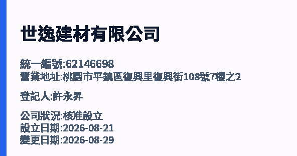 世逸建材有限公司的照片-統編 62146698(桃園市) 公司登記資料與營業項目詳細圖表