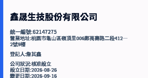 鑫晟生技股份有限公司的照片-統編 62147275(桃園市) 公司登記資料與營業項目詳細圖表