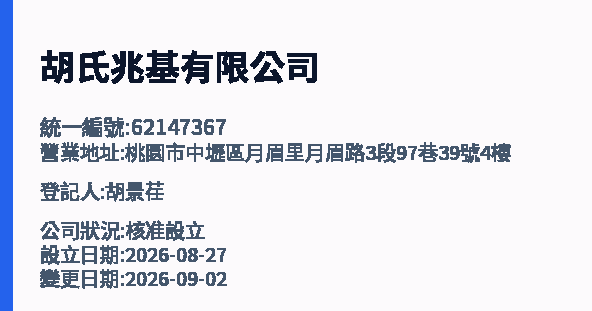 胡氏兆基有限公司的照片-統編 62147367(桃園市) 公司登記資料與營業項目詳細圖表