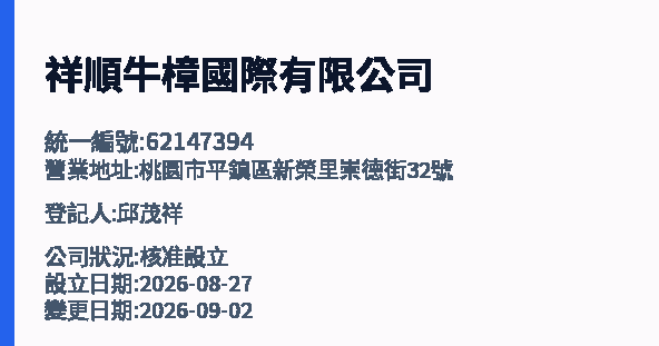 祥順牛樟國際有限公司的照片-統編 62147394(桃園市) 公司登記資料與營業項目詳細圖表