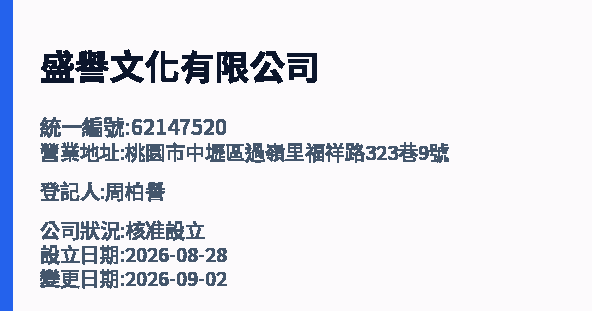 盛譽文化有限公司的照片-統編 62147520(桃園市) 公司登記資料與營業項目詳細圖表