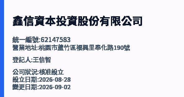 鑫信資本投資股份有限公司的照片-統編 62147583(桃園市) 公司登記資料與營業項目詳細圖表
