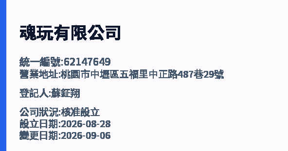 魂玩有限公司的照片-統編 62147649(桃園市) 公司登記資料與營業項目詳細圖表