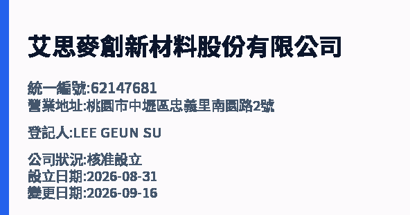 艾思麥創新材料股份有限公司的照片-統編 62147681(桃園市) 公司登記資料與營業項目詳細圖表