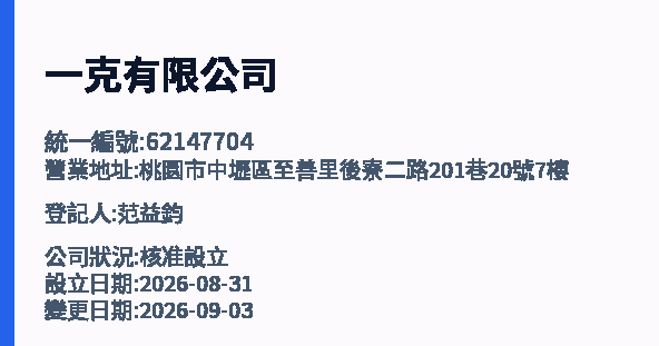 一克有限公司的照片-統編 62147704(桃園市) 公司登記資料與營業項目詳細圖表