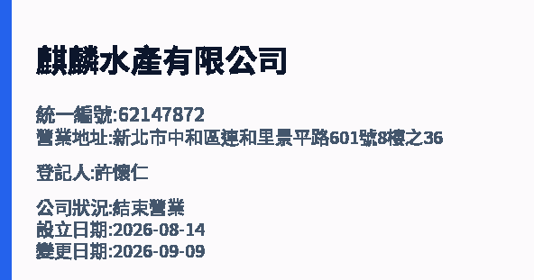 麒麟水產有限公司的照片-統編 62147872(新北市) 公司登記資料與營業項目詳細圖表