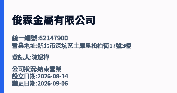 俊霖金屬有限公司的照片-統編 62147900(新北市) 公司登記資料與營業項目詳細圖表