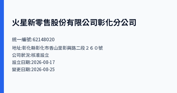 火星新零售股份有限公司彰化分公司的照片-統編 62148020(彰化縣) 公司登記資料與營業項目詳細圖表