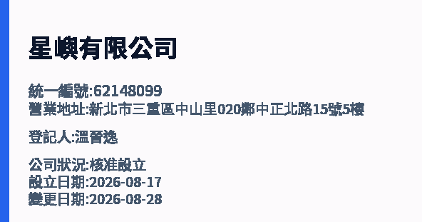 星嶼有限公司的照片-統編 62148099(新北市) 公司登記資料與營業項目詳細圖表