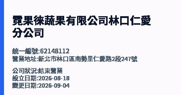 霓果徠蔬果有限公司林口仁愛分公司的照片-統編 62148112(新北市) 公司登記資料與營業項目詳細圖表