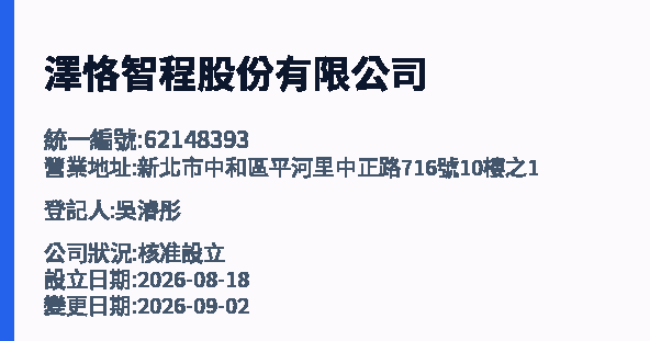 澤恪智程股份有限公司的照片-統編 62148393(新北市) 公司登記資料與營業項目詳細圖表