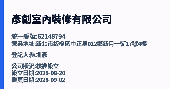 彥創室內裝修有限公司的照片-統編 62148794(新北市) 公司登記資料與營業項目詳細圖表