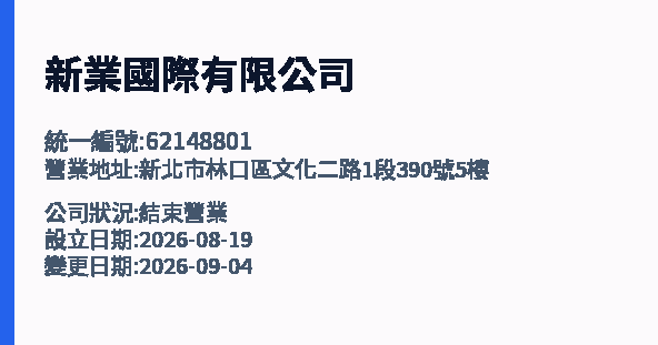 新業國際有限公司的照片-統編 62148801(新北市) 公司登記資料與營業項目詳細圖表