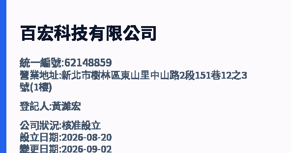 百宏科技有限公司的照片-統編 62148859(新北市) 公司登記資料與營業項目詳細圖表