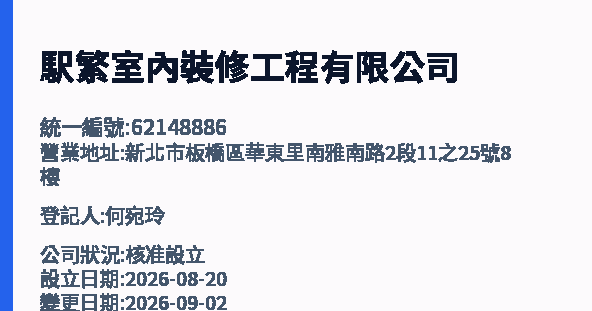 駅繁室內裝修工程有限公司的照片-統編 62148886(新北市) 公司登記資料與營業項目詳細圖表