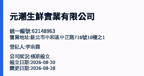 元潮生鮮實業有限公司的照片-統編 62148963(新北市) 公司登記資料與營業項目詳細圖表