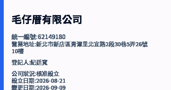 毛仔厝有限公司的照片-統編 62149180(新北市) 公司登記資料與營業項目詳細圖表
