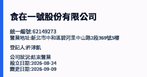 食在一號股份有限公司的照片-統編 62149273(新北市) 公司登記資料與營業項目詳細圖表