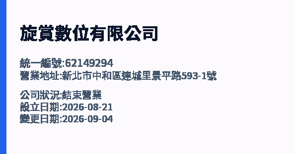 旋賞數位有限公司的照片-統編 62149294(新北市) 公司登記資料與營業項目詳細圖表