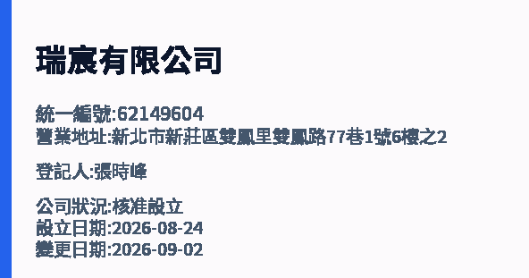 瑞宸有限公司的照片-統編 62149604(新北市) 公司登記資料與營業項目詳細圖表