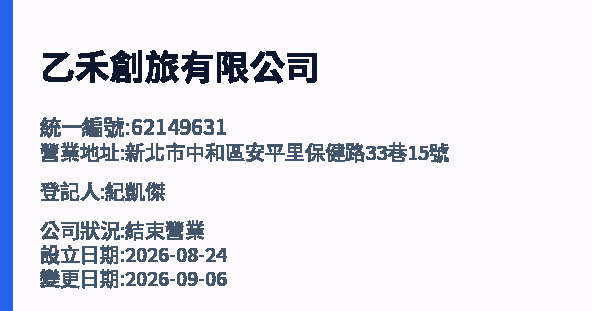 乙禾創旅有限公司的照片-統編 62149631(新北市) 公司登記資料與營業項目詳細圖表