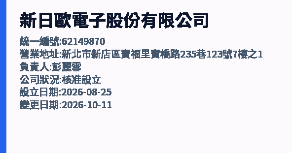 新日歐電子股份有限公司的照片-統編 62149870(新北市) 公司登記資料與營業項目詳細圖表