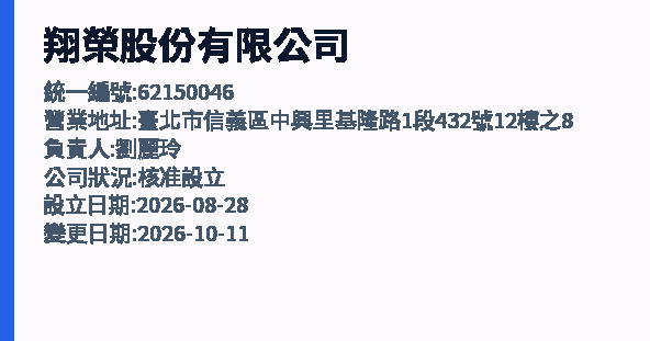 翔榮股份有限公司的照片-統編 62150046(臺北市) 公司登記資料與營業項目詳細圖表
