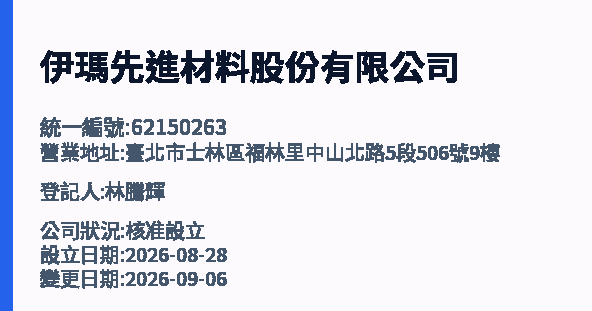 伊瑪先進材料股份有限公司的照片-統編 62150263(臺北市) 公司登記資料與營業項目詳細圖表