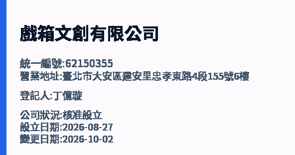 戲箱文創有限公司的照片-統編 62150355(臺北市) 公司登記資料與營業項目詳細圖表
