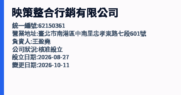 映策整合行銷有限公司的照片-統編 62150361 公司登記資料與營業項目詳細圖表
