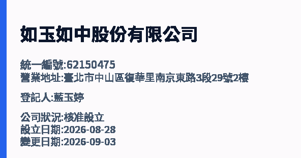 如玉如中股份有限公司的照片-統編 62150475(臺北市) 公司登記資料與營業項目詳細圖表