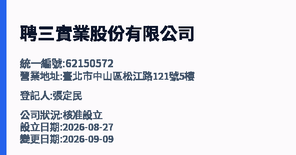 聘三實業股份有限公司的照片-統編 62150572(臺北市) 公司登記資料與營業項目詳細圖表