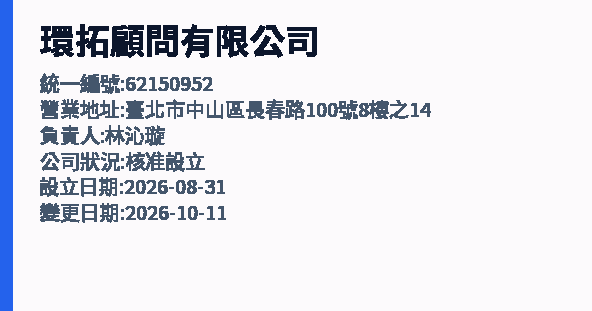 環拓顧問有限公司的照片-統編 62150952(臺北市) 公司登記資料與營業項目詳細圖表