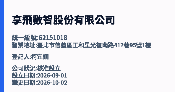 享飛數智股份有限公司的照片-統編 62151018(臺北市) 公司登記資料與營業項目詳細圖表