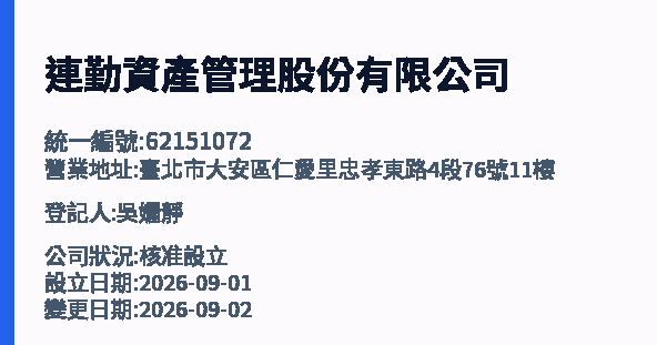 連勤資產管理股份有限公司的照片-統編 62151072(臺北市) 公司登記資料與營業項目詳細圖表