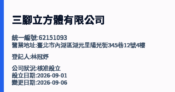 三腳立方體有限公司的照片-統編 62151093(臺北市) 公司登記資料與營業項目詳細圖表