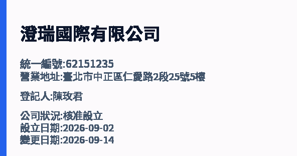 澄瑞國際有限公司的照片-統編 62151235(臺北市) 公司登記資料與營業項目詳細圖表