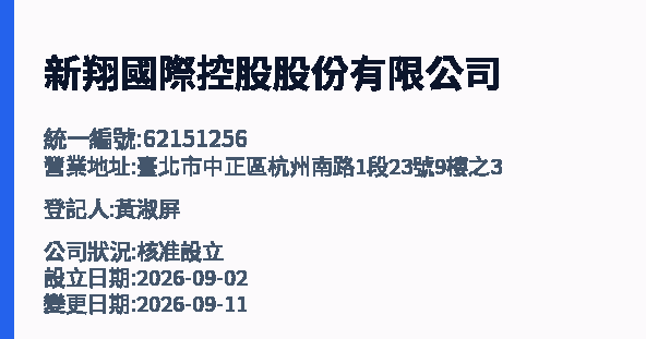 新翔國際控股股份有限公司的照片-統編 62151256(臺北市) 公司登記資料與營業項目詳細圖表