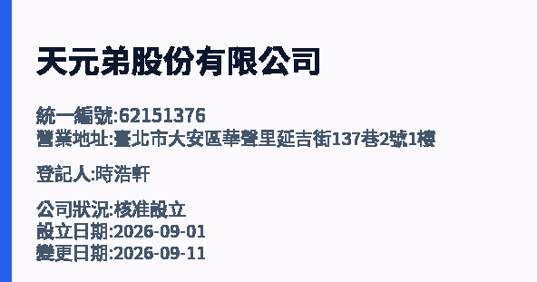 天元弟股份有限公司的照片-統編 62151376(臺北市) 公司登記資料與營業項目詳細圖表