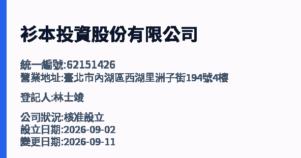 衫本投資股份有限公司的照片-統編 62151426(臺北市) 公司登記資料與營業項目詳細圖表