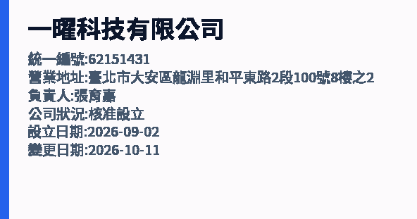 一曜科技有限公司的照片-統編 62151431(臺北市) 公司登記資料與營業項目詳細圖表