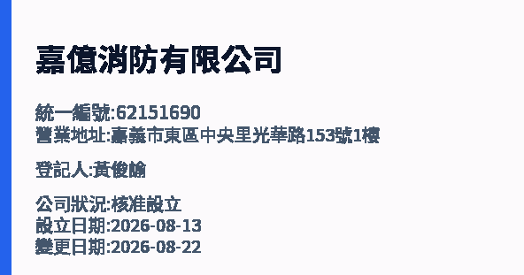 嘉億消防有限公司的照片-統編 62151690(嘉義市) 公司登記資料與營業項目詳細圖表