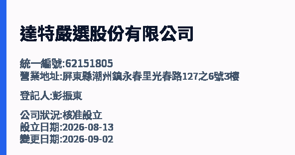 達特嚴選股份有限公司的照片-統編 62151805(屏東縣) 公司登記資料與營業項目詳細圖表
