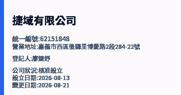 捷域有限公司的照片-統編 62151848(嘉義市) 公司登記資料與營業項目詳細圖表