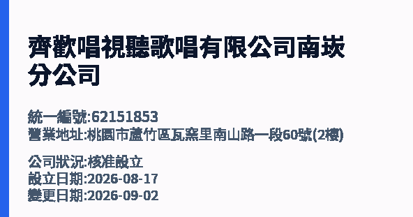 齊歡唱視聽歌唱有限公司南崁分公司的照片-統編 62151853(桃園市) 公司登記資料與營業項目詳細圖表